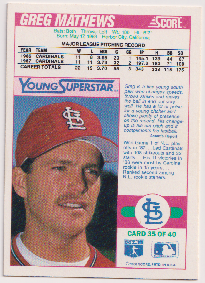 1988 Score Young Superstar #35 Greg Mathews St. Louis Cardinals | eBay