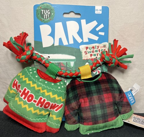 BARK Box Pugly Ugly Sweater Party Dog Toy XS-M Tug It Squeak Crinkle ...