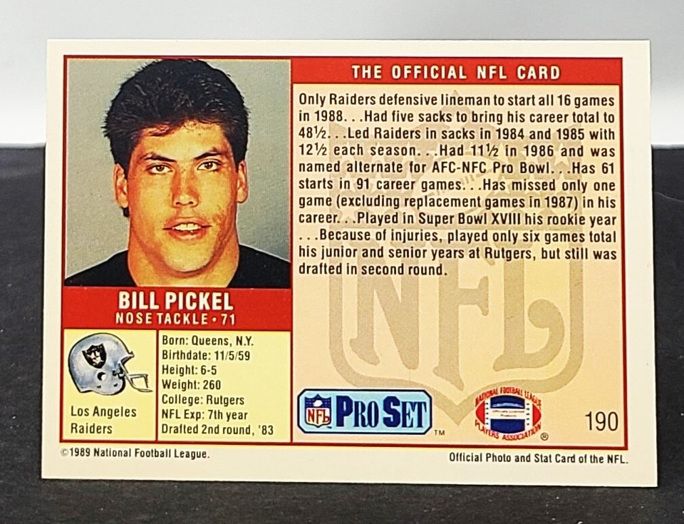 BILL PICKEL Signed 1989 Pro Set Football Card #190 Los Angeles Raiders ...