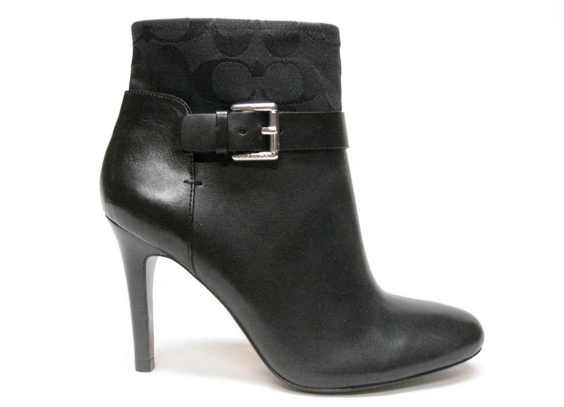 COACH Messina Black Signature Embossed Leather Buckle Zip Booties Ankle ...