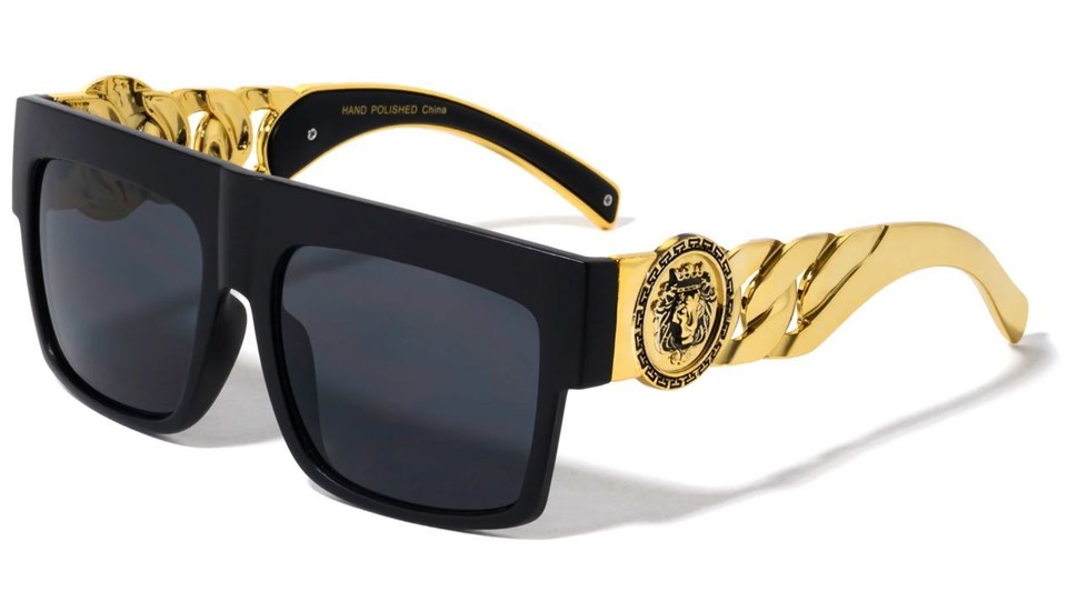 BLACK GOLD CUBAN LINK CHAIN SQUARE MEDALLION SUNGLASSES RETRO DESIGNER ...