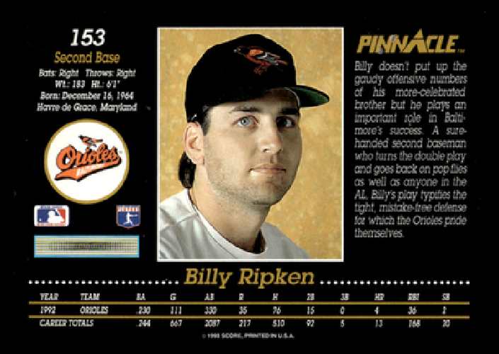 1993 Pinnacle Billy Ripken #153 Baltimore Orioles MLB Baseball | eBay