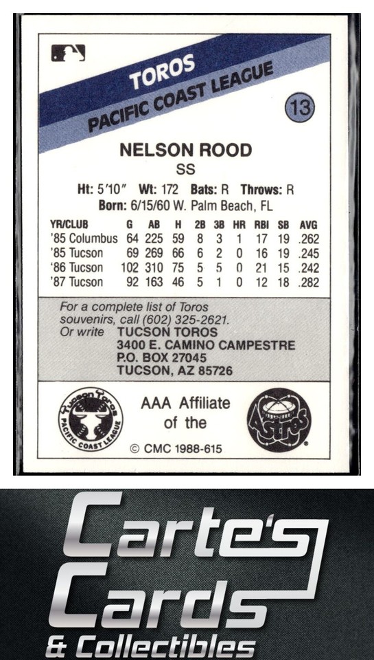 Nelson Rood 1988 CMC Tucson Toros #13 Houston Astros | eBay
