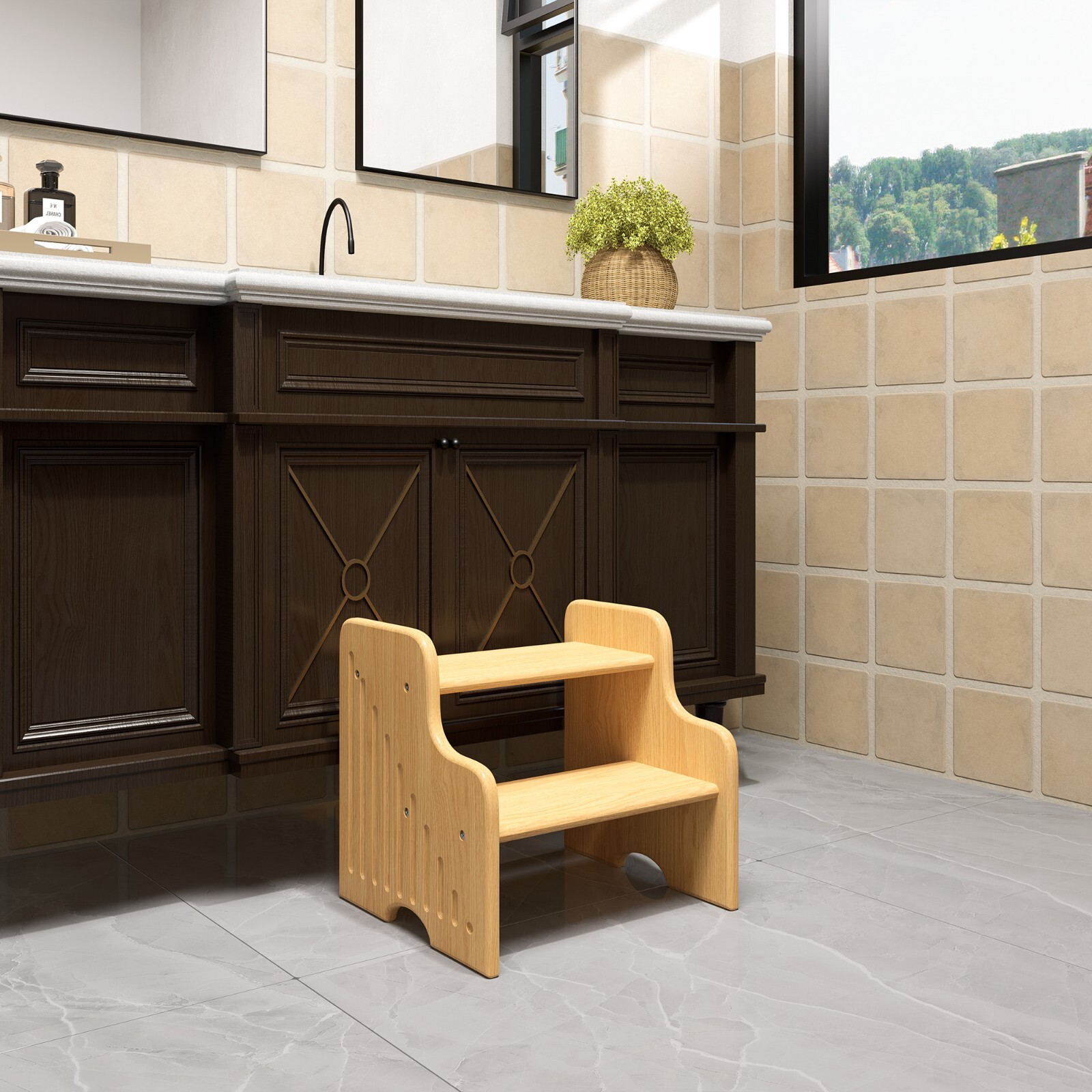 CONSDAN 2 Tier Step Stool, Wooden Step Stool for Adults Kids Seniors ...