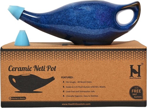 Blue Gradient Ceramic Neti Pot With 2 Nozzle Tips And 5 Sachets Of Neti ...