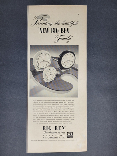Westclox-New Big Ben Family-Clocks-Vintage Print Ad 1949 | eBay