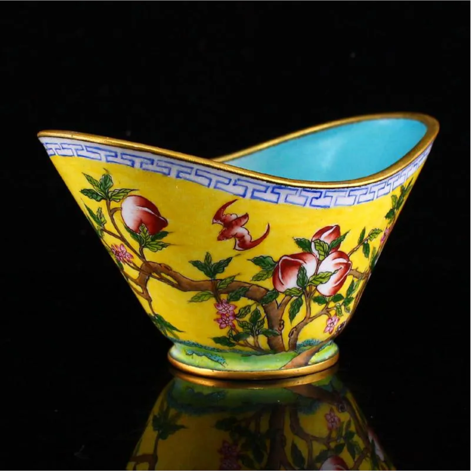 Chinese Gilt Edge Bronze Enamel Wine Cup w Peach, Bat | eBay