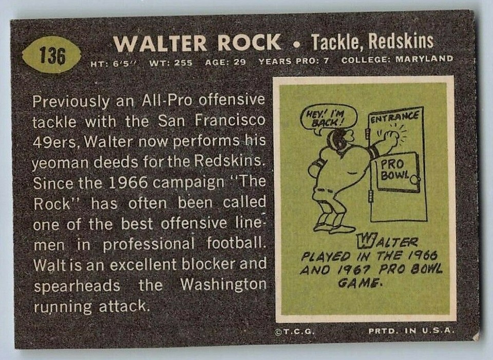 1969 WALTER ROCK - Topps Football Card- # 136 - WASHINGTON REDSKINS | eBay