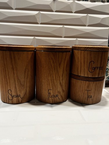 Vintage Cornwall Oak Wood Canisters Flour Sugar Tea Coffee Set of 4 MCM ...