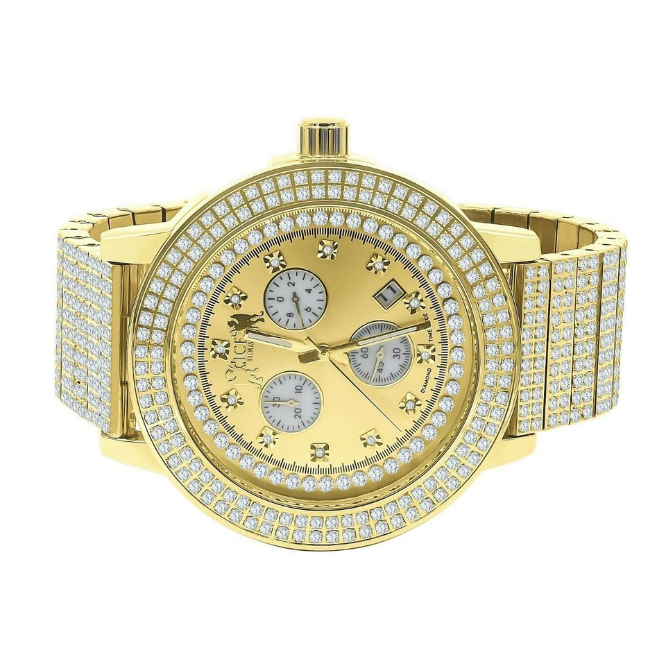 Real Diamond Dial Men's Full Stainless Steel 18K Gold Tone Finish Watch ...