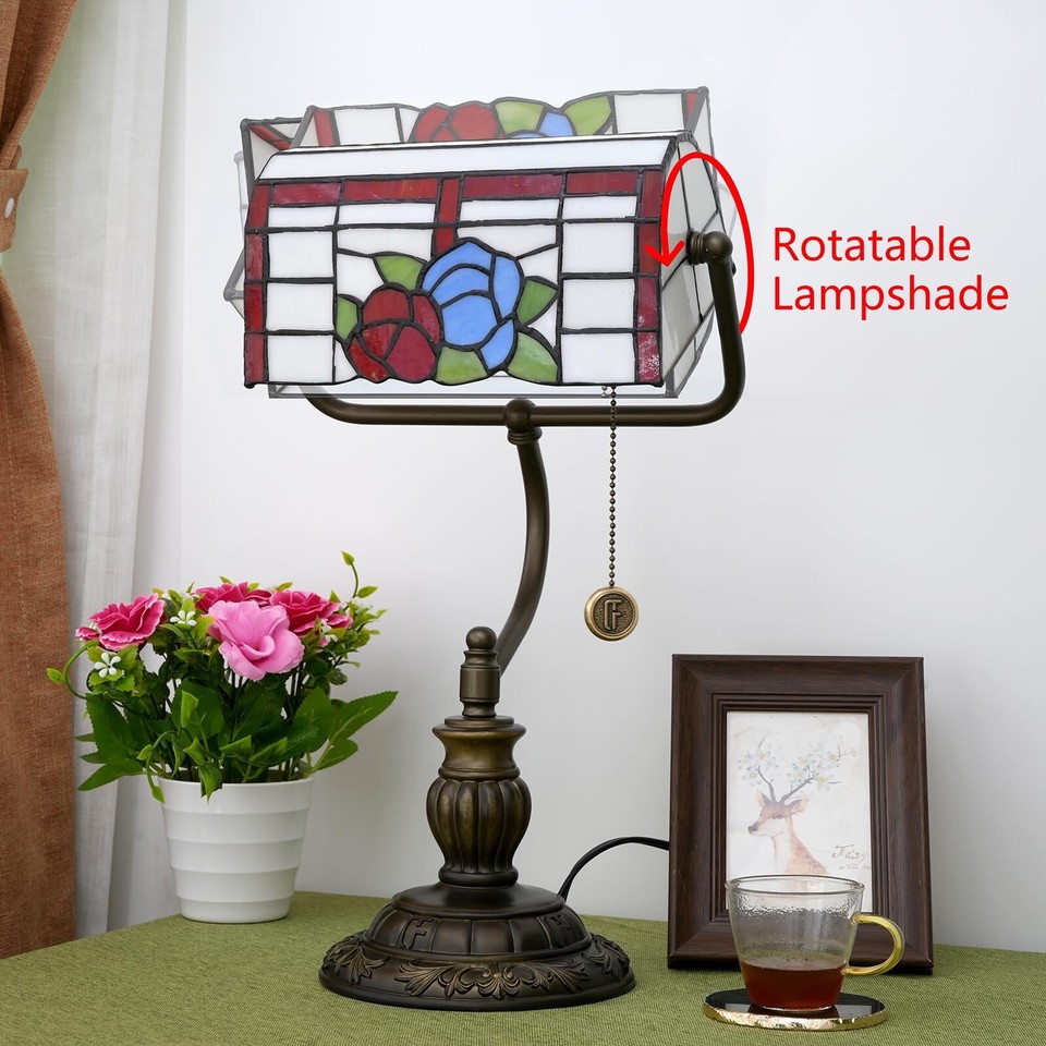 red rose tiffany bankers desk lamp stained Glass table lamp Vintage ...