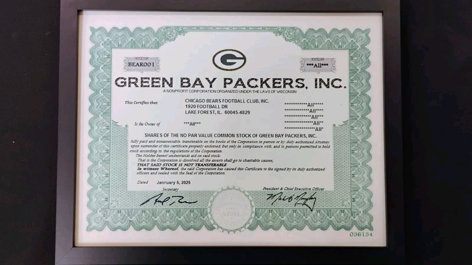 GREEN BAY PACKERS PARODY STOCK CERTIFICATE SHOWING CHICAGO BEARS NOW ...