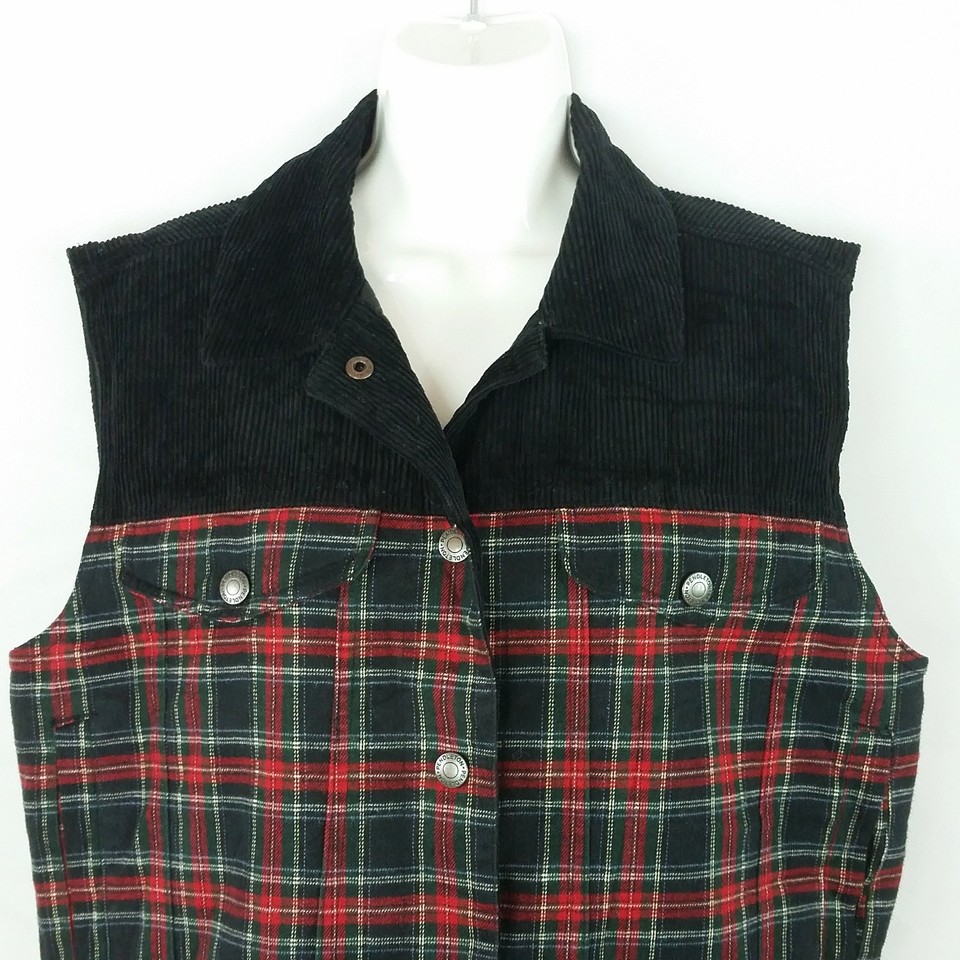 Pendleton Womens Vest Sz M Black Corduroy & Plaid Red Flannel Snap ...