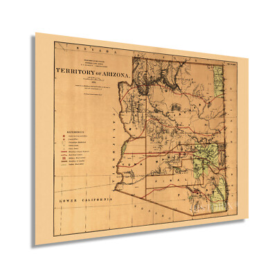1876 Arizona Territory Map - Vintage Territory of Arizona Wall Art ...