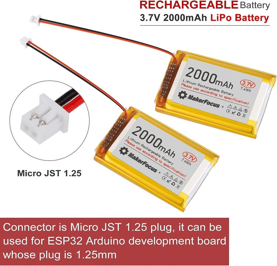 Lithium Rechargeable Battery LiPo 2000mAh 3.7V Micro JST 1.25 Plug for ...