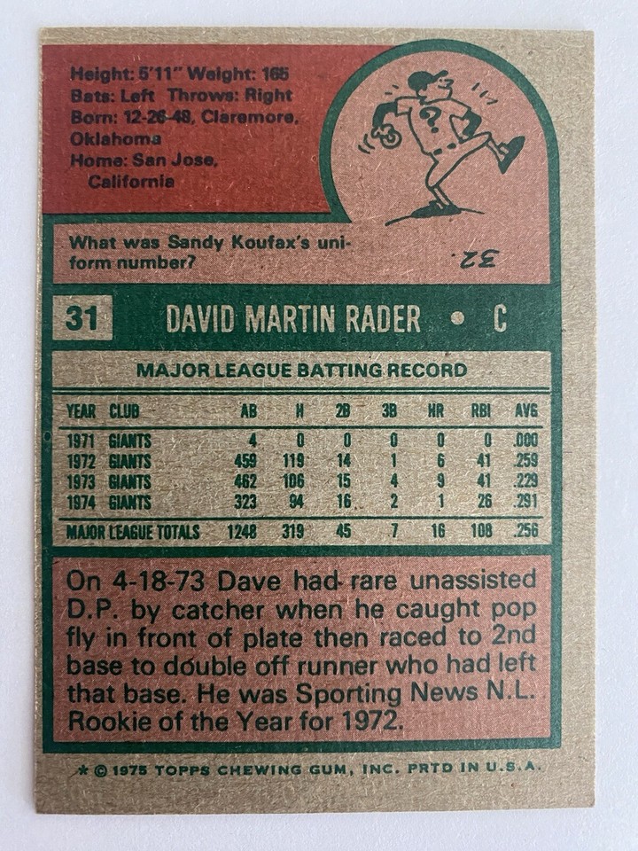 1975 Topps Baseball #31 Dave Rader | eBay