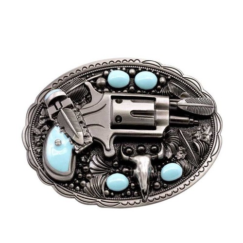 Pistol Revolver Gun Belt Buckle Feathers Turquoise Indian American ...