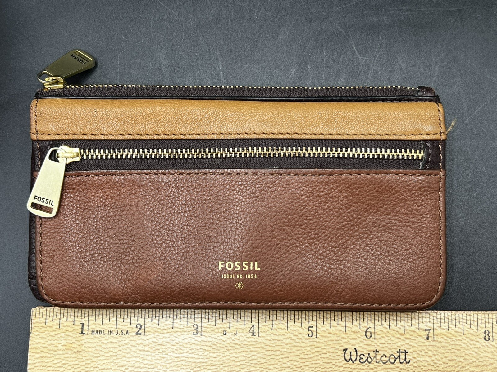 Fossil Tri Color Brown Leather Wallet Embossed Hardware Snap Close VTG ...