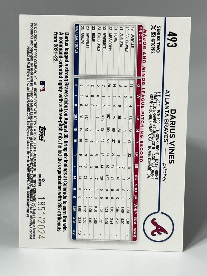 2024 Topps Series 2 DARIUS VINES Atlanta Braves Rookie #493 rc Gold ...