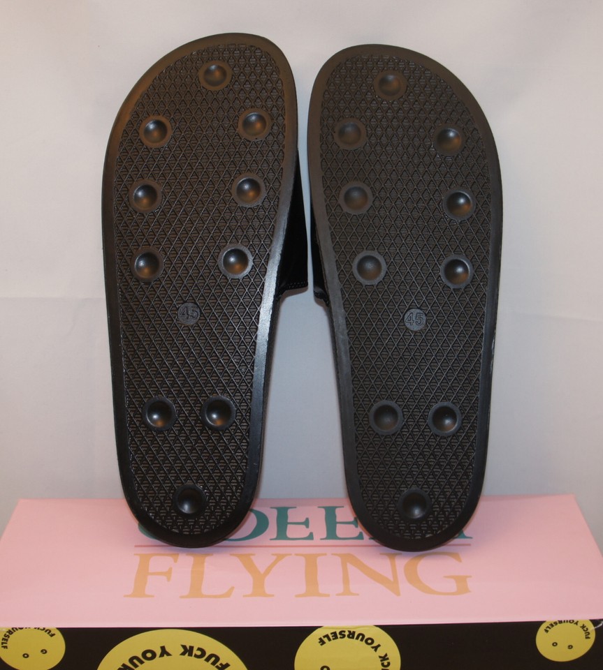 FLYING COFFIN GFY Black Mens 11 Slide Sandals Embossed Boxed Smiley ...