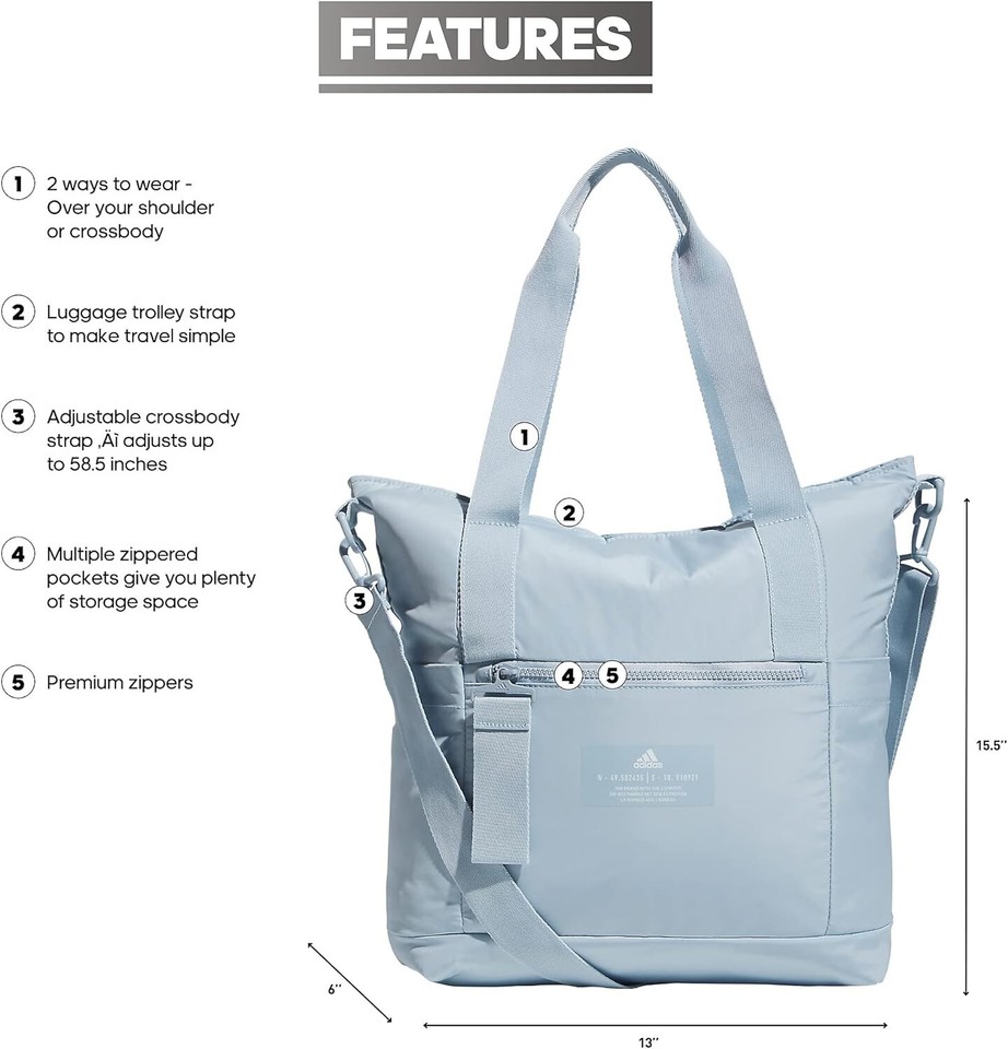 Adidas All Me 2 Tote Bag WONDER BLUE Multiple Pockets Adjustable Straps ...
