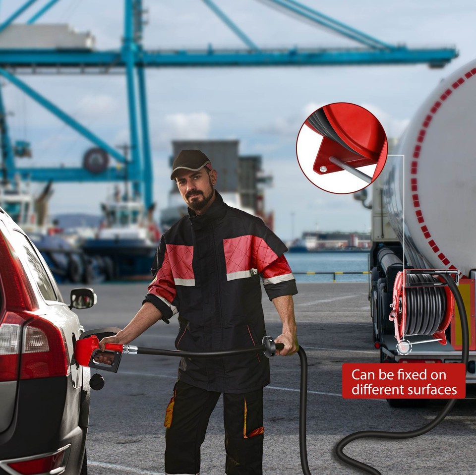 Red Diesel Fuel Hose Reel Retractable 1" x 50' Spring Driven Auto Swivel Rewind | eBay