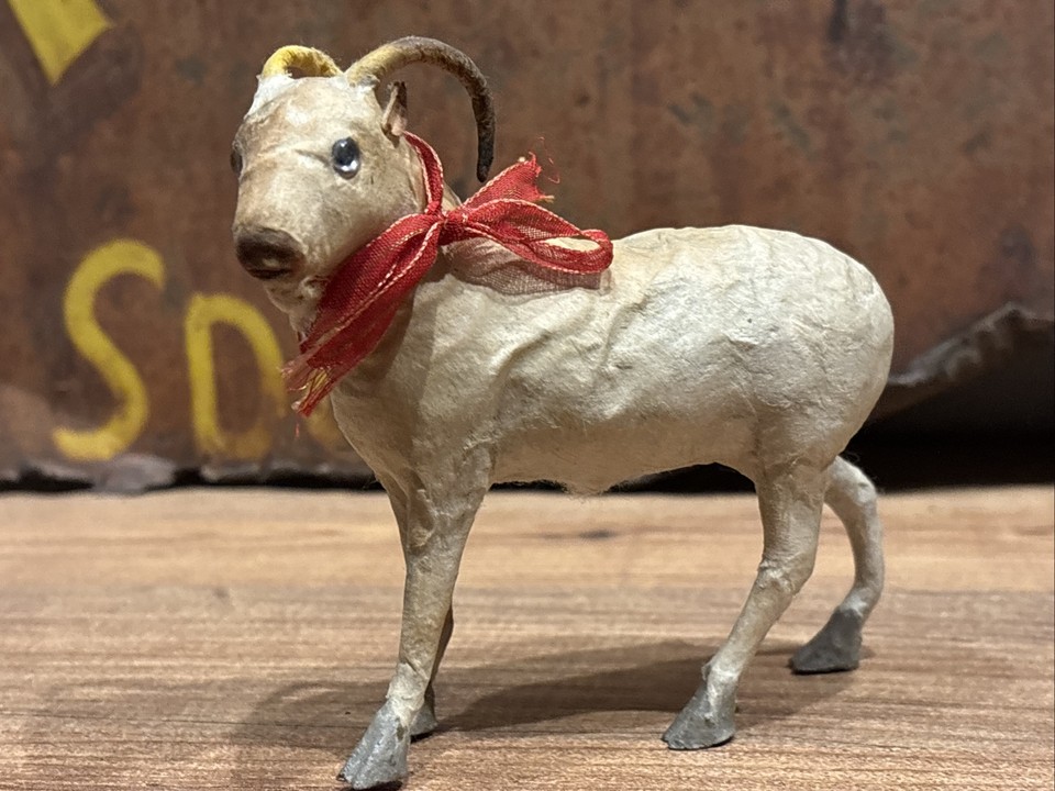 Antique PUTZ GERMANY Collared Paper Mache RAM . Glass Eyes. 4”x4” in ...