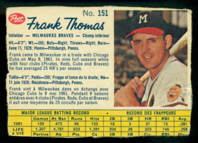 1962 POST CEREAL CANADIAN BASEBALL #151 Frank Thomas VG-EX Milwaukee ...