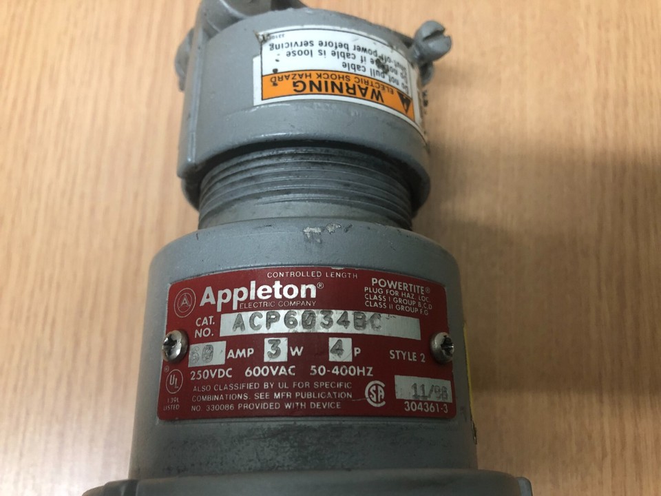 APPLETON ACP6034BC 60AMP POWERTITE PIN & SLEEVE PLUG 3W 4P 600VAC ...