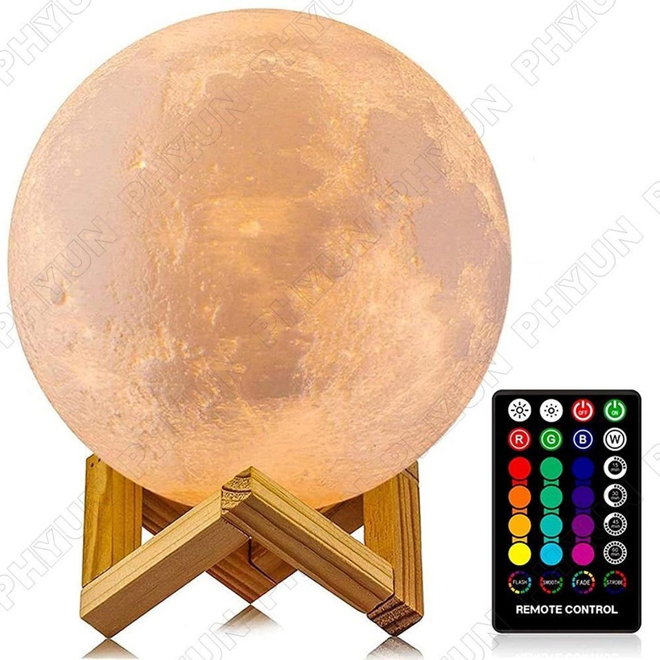 16 Colors LED 3D Moon Lamp Wodden Base Stand USB Charging Night Light ...
