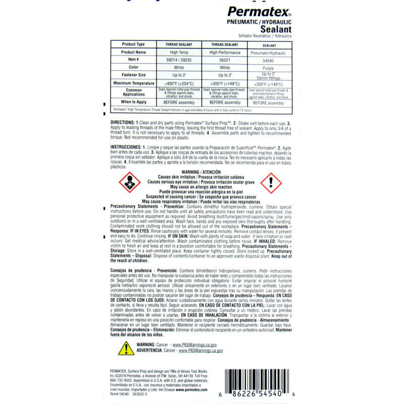 Permatex Thread Locker 54540; Pneumatic/Hydraulic Sealant 1.22oz. High ...