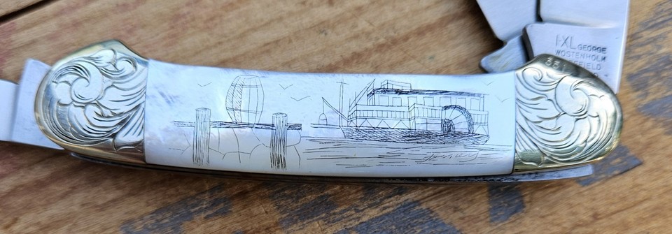 1981 Schrade IXL Orgill Brothers Commemorative Pearl Scrimshaw Knife S ...