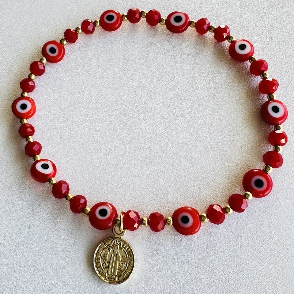 Pulseras Con Ojos Turcos Y Crystal Rojo. Medalla De San Benito Hecha A ...