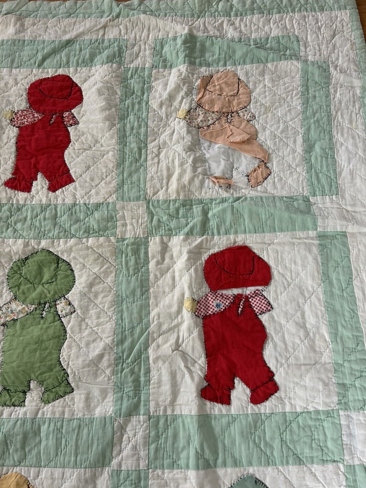 Vtg 1930s Overall Sam Applique Quilt Cutter Hand Sewn Embroidered Green ...