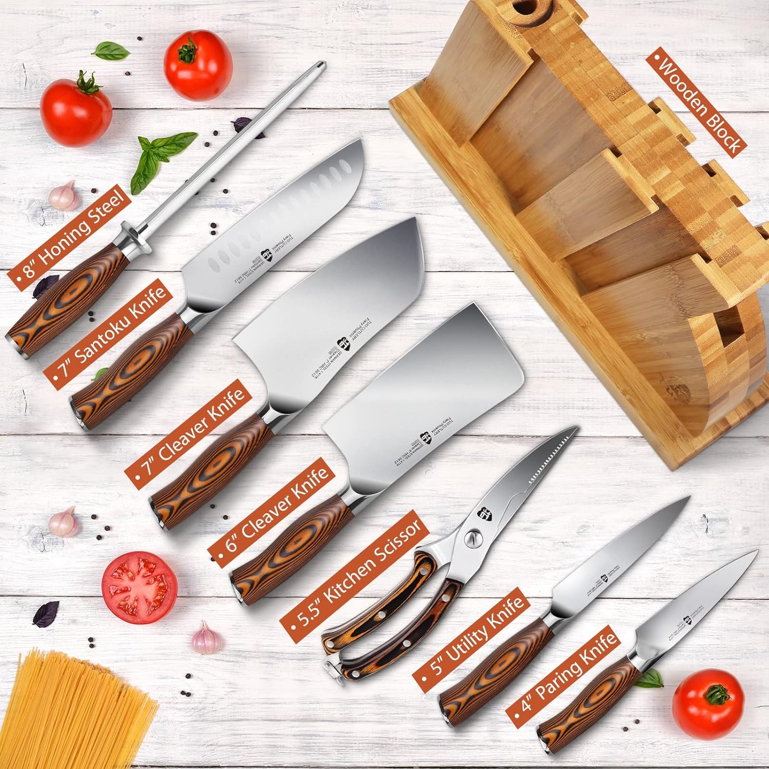 TUO Cutlery 8PC Knife Set with Wooden Block - Pakkawood Handle, Fiery ...