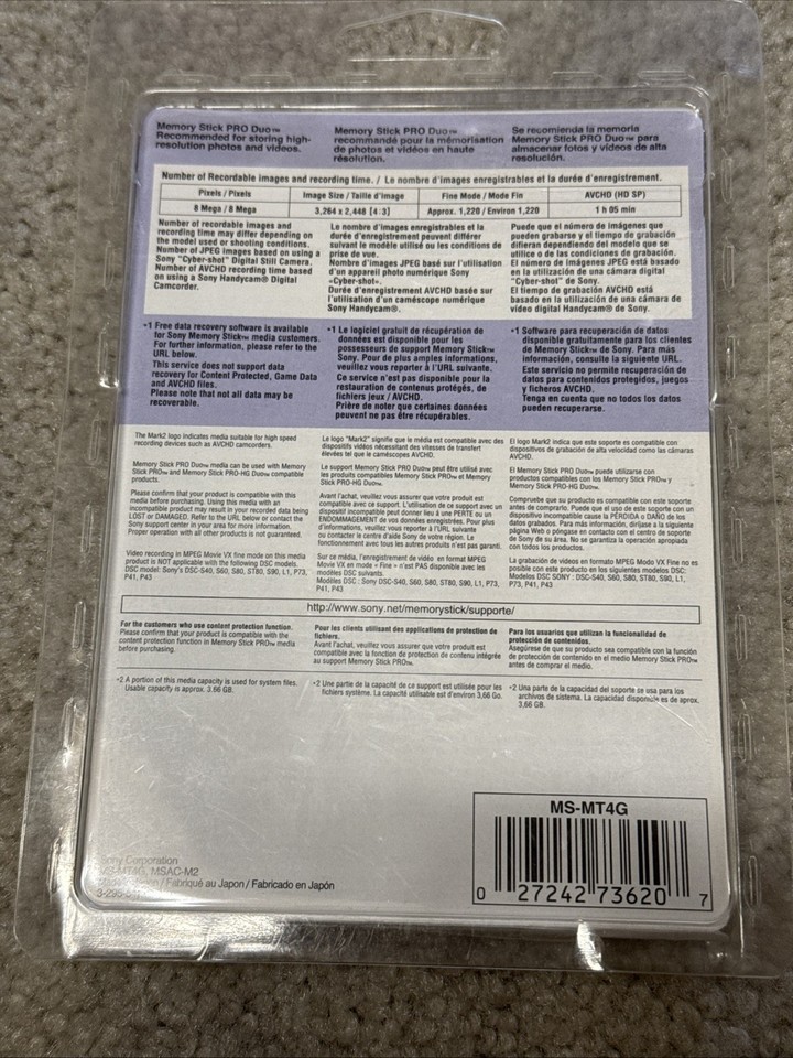 Sony Memory Stick Pro Duo 4GB Magic Gate Mark 2 MSAC-M2 Adaptor ...