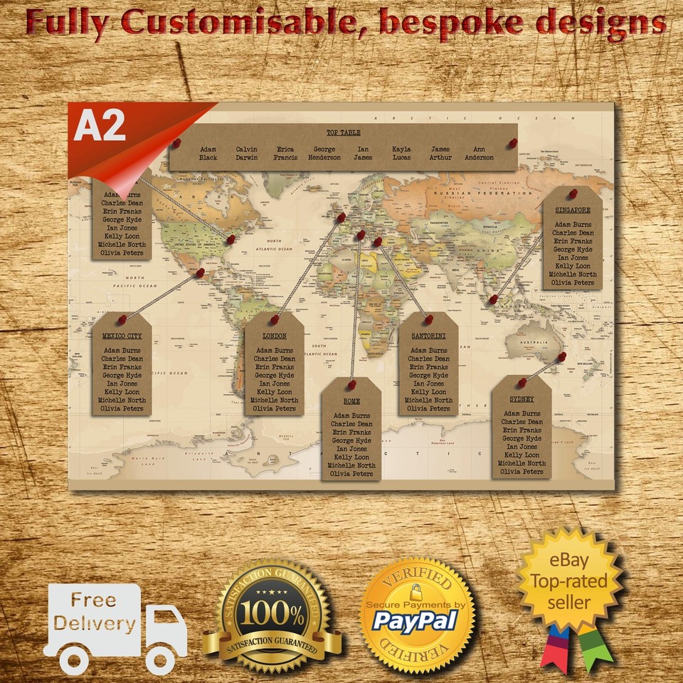 Personalised Travel World Map Wedding Table Plan / Seating Plan Large ...