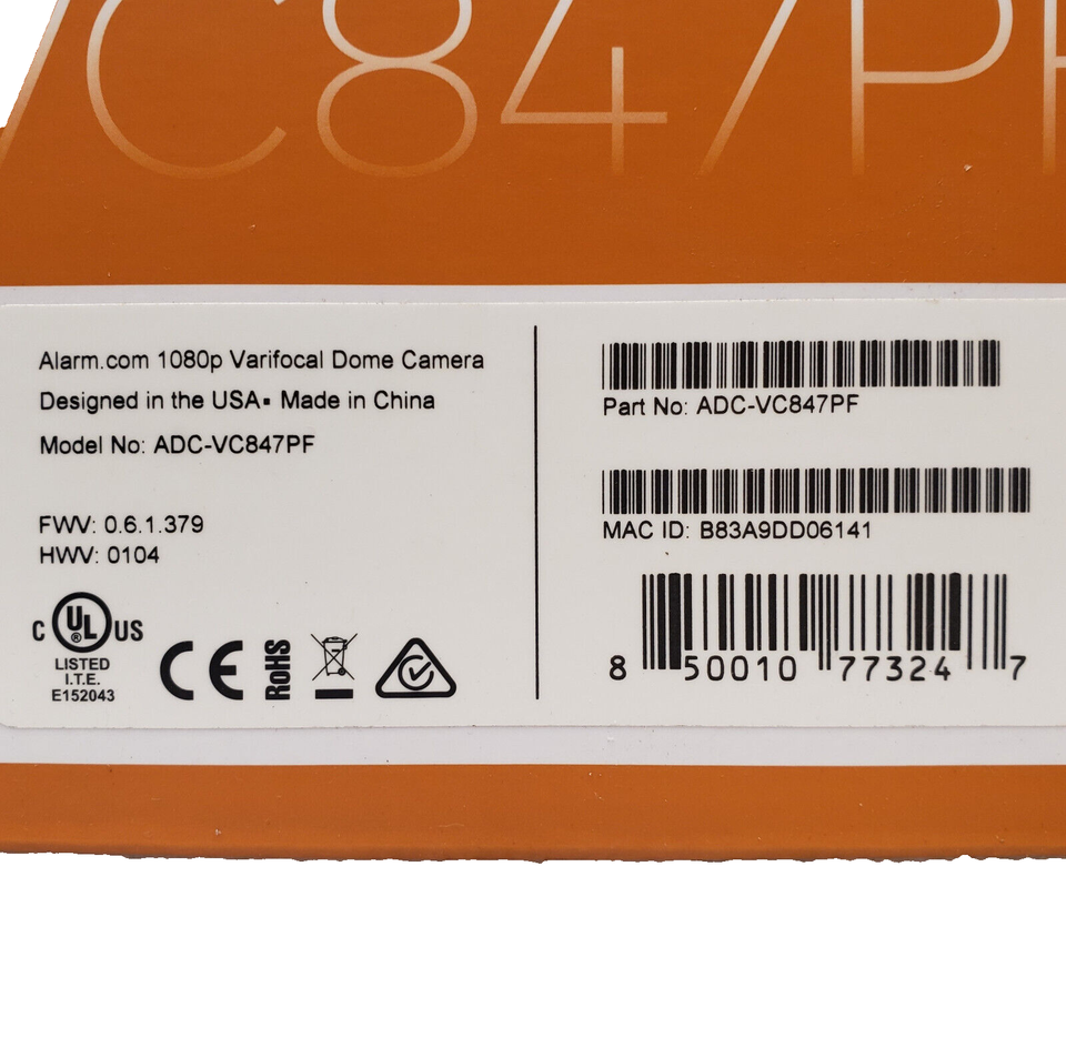 Alarm.com ADC-VC847PF Pro Series 1080p Indoor/Outdoor Dome POE Camera 3 ...