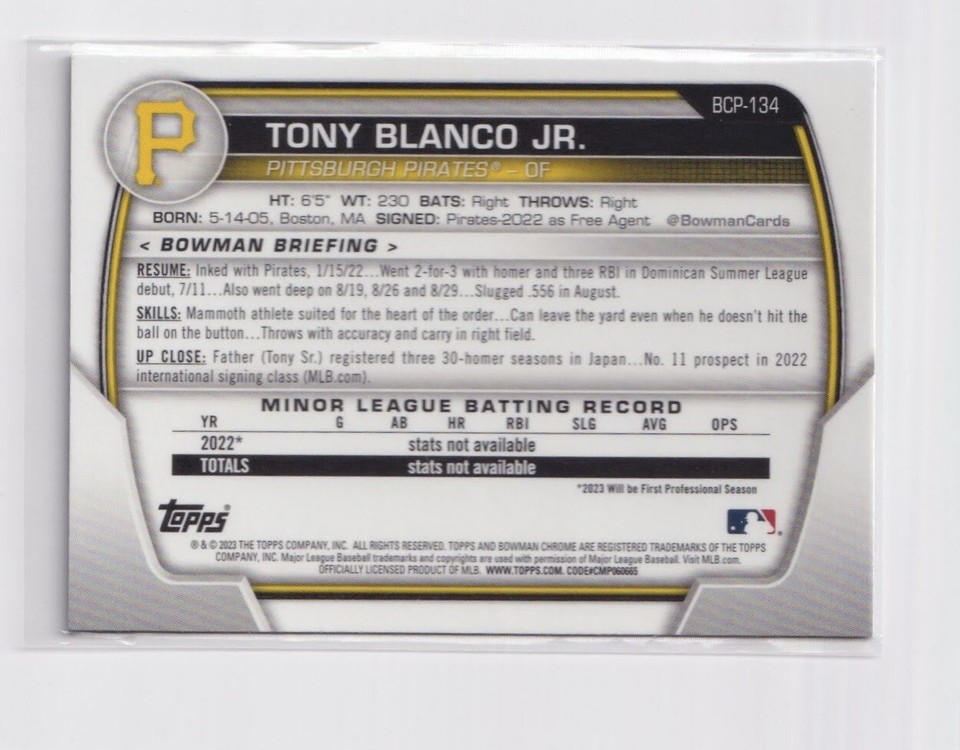 2023 1st Bowman Chrome Tony Blanco Jr. #BCP-134 Pittsburgh Pirates ...