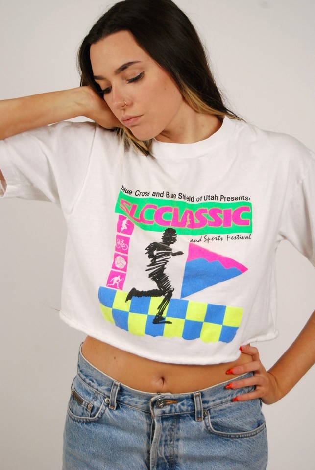 80s Run T-shirt (L) vintage neon crop top women large slc marathon jog ...