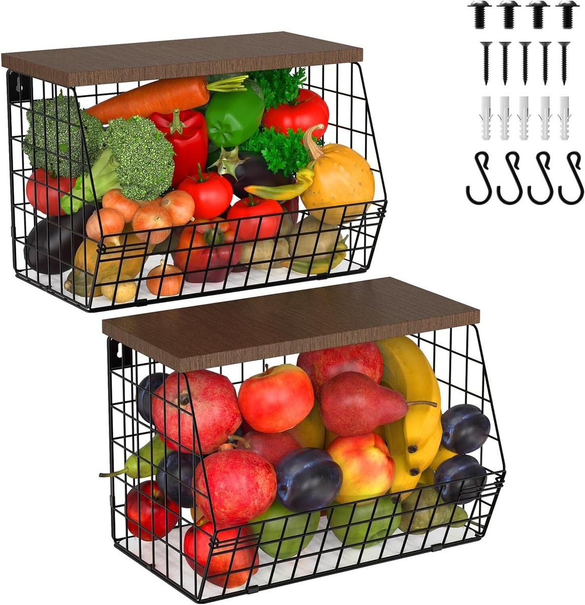 Wire Wall Fruit Baskets 3 Pack Fruit Basket For Kitchen With Wood Lid