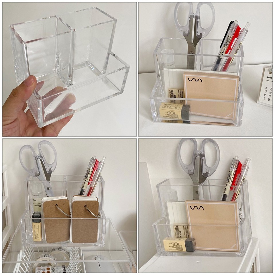 Desk Storage Box Pen Clear Office Stationery Holder Work Organizer ...