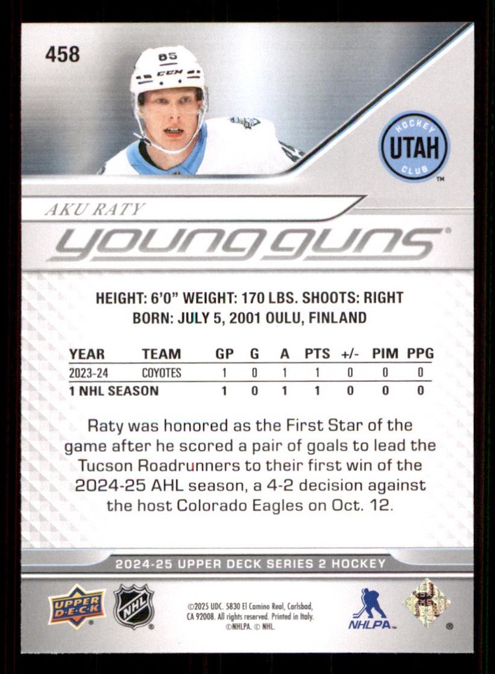 2024-25 Upper Deck #458 Aku Raty Young Guns RC | eBay