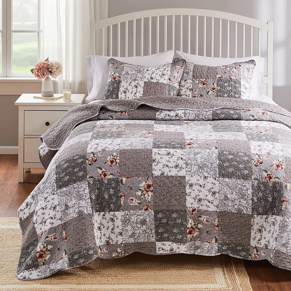GRAY FLORAL 3pc King Cal QUILT SET : FARMHOUSE GREY GIULIA COTTAGE ...