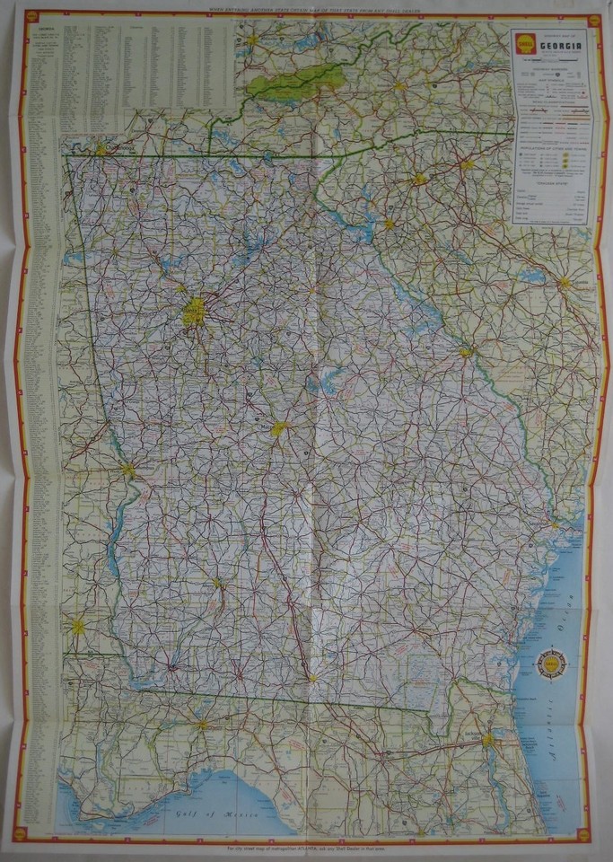 1963 SHELL OIL Road Map GEORGIA Columbus Dogwoods Savannah Macon ...