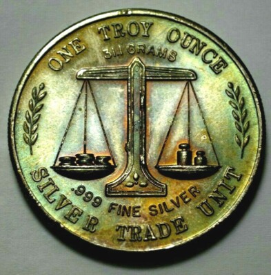 1 Oz.999 Fine SILVER TRADE UNIT ROUND Bullion Am.Eagle w/Flag Rainbow ...