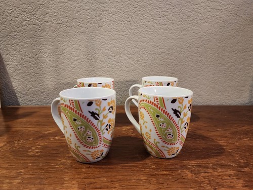 Set of four Paisley Coffee Tea Mugs cups Green & Orange Rachel Ray | eBay