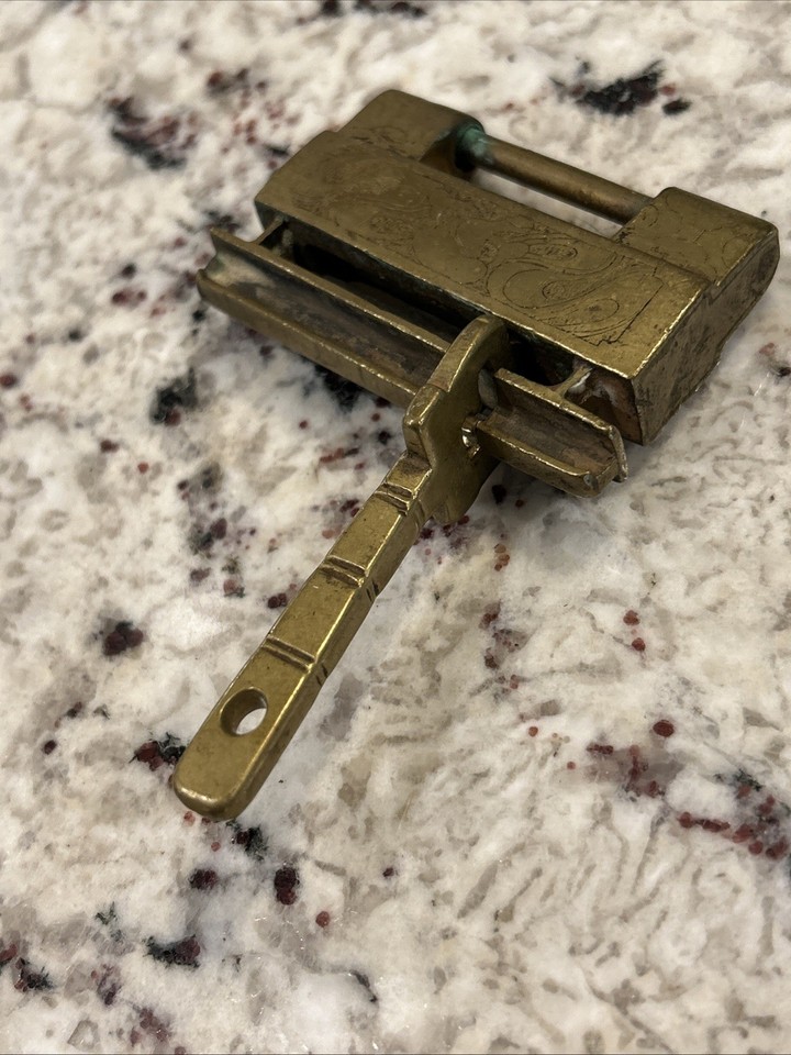 Antique 3” by 2” Brass Engraved Chinese Lock & Key, Early 20th Century ...