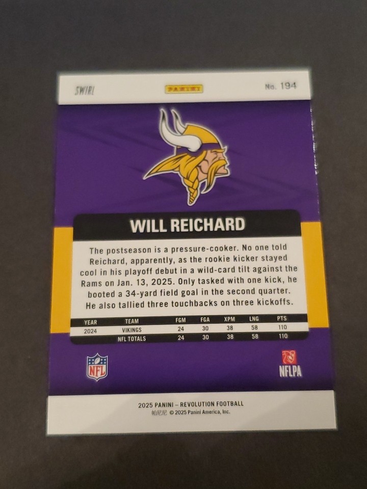 Will Reichard 2025 Panini Revolution Football Red Swirl #194 Minnesota ...
