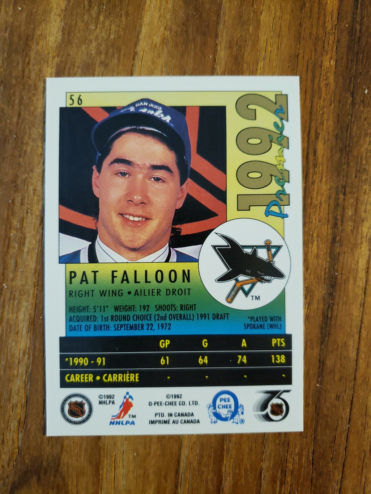1991-92 O-Pee-Chee Premier '92 PAT FALLOON Rookie Card #56 San Jose ...